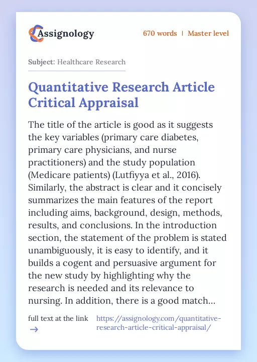 Quantitative Research Article Critical Appraisal Healthcare Essay Example Quantitative Research Article Critical Appraisal Healthcare Essay Example